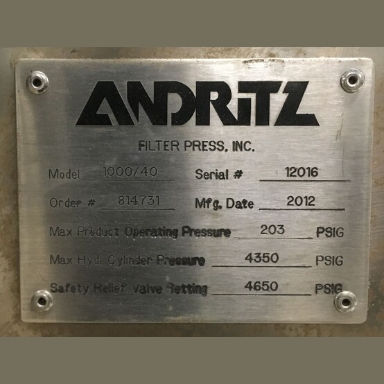 Andritz 1000mm Sidebar Filter Press System