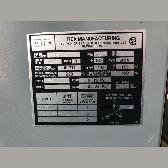 150kVA Rex Manufacturing Transformer