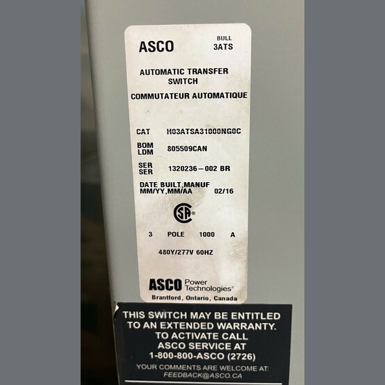 Interruptor de Transferencia Automática ASCO 1000A, 480V