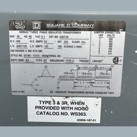 Square D 45kVA Multi Tap Transformer