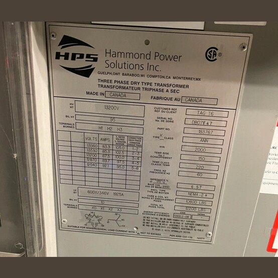 2000kVA Hammond Isolation Transformer
