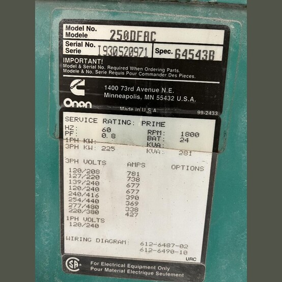 225kW Cummins Diesel Generator