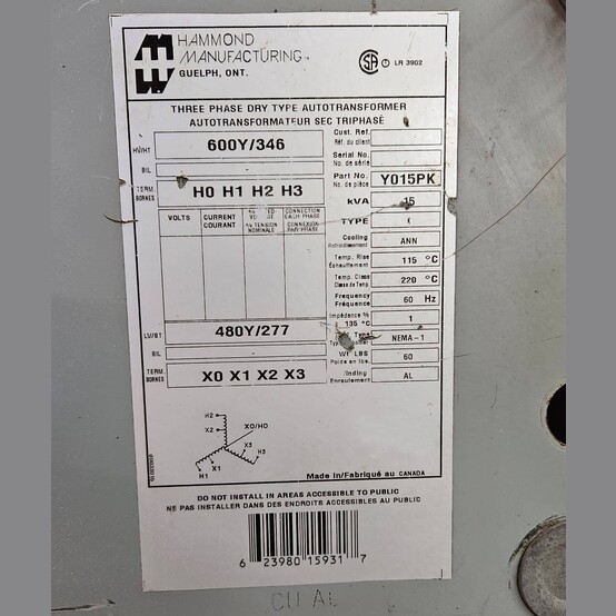15kVA Hammond MFG. Transformer