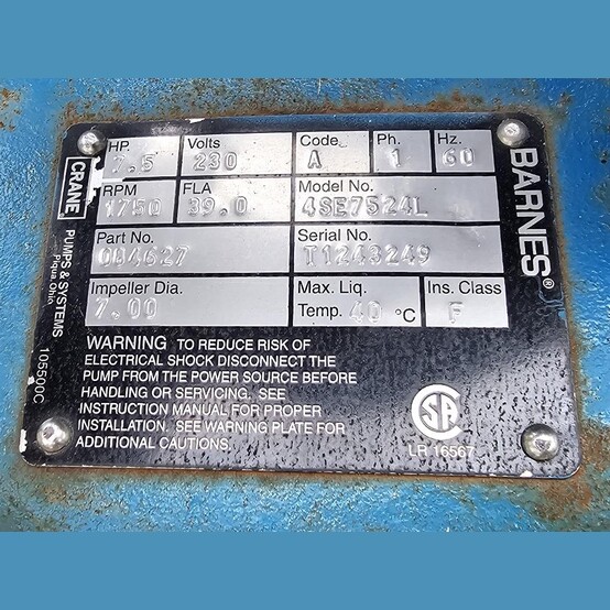 4in Barnes 4SE7524L Submersible Sewage Ejector Pump