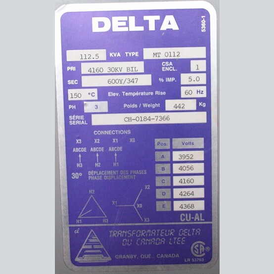 Delta 112.5kVA 4160V-600V Transformer