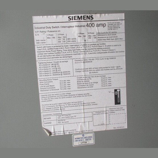 Siemens 400 Amp Fusible Disconnect