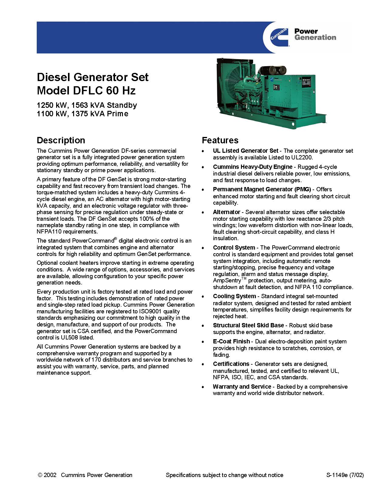 Generador Cummins Diesel de 1250 kW