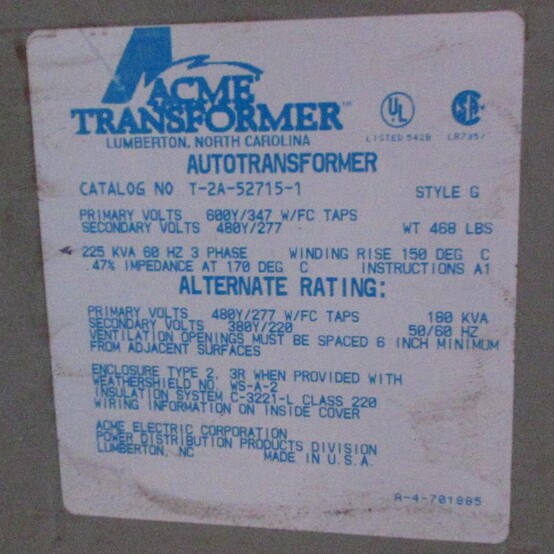 225kVA Acme Auto Transformer