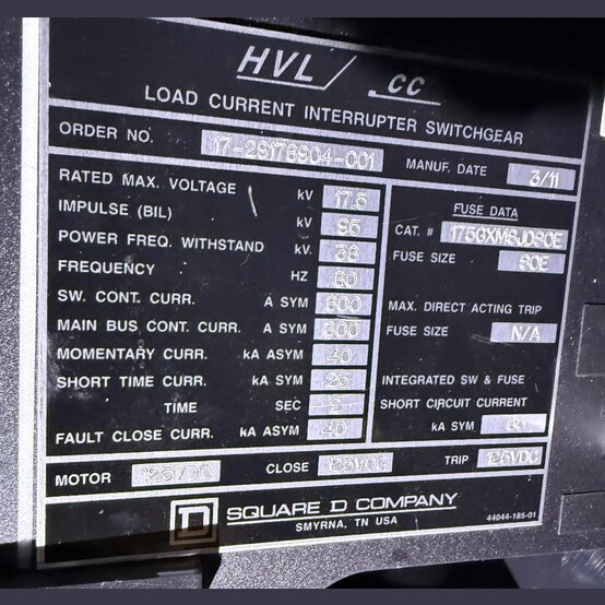 Square D 600 Amp HVL/cc Switchgear