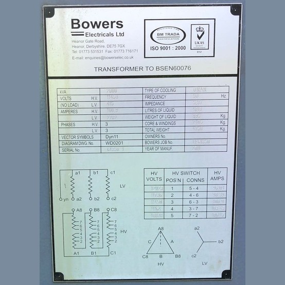 2000 kVA Bowers Oil Filled Transformers