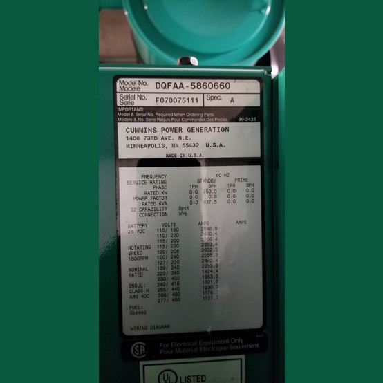 Generador Cummins Diesel de 750 kW 480 voltios